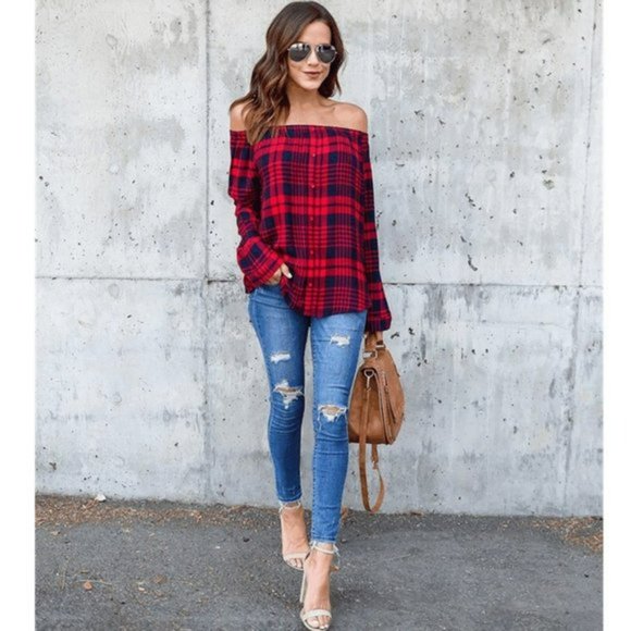 Tops | Red Off Shoulder Plaid Shirt | Poshmark